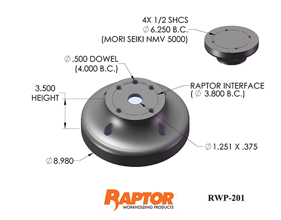 Raptor RWP-201 Aluminum Riser Mori NMV5000 8.980" Diameter, 3.500" Hei ...